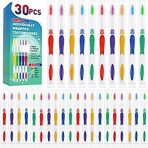 Navona 30 PCS Individually Wrapped Bulk Toothbrushes, Colorful Manual Disposable Travel Toothbrush Set for Adult or Kid, Ergonomics Handle, Medium Soft Bristles, Perfect for Travel, Hotels, Donations
