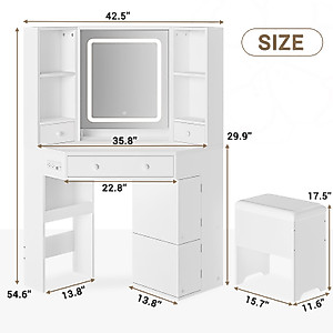BTHFST Corner Vanity Desk with Lights and Charging Station, Makeup Vanity with Lights, Vanity Set with Mirror and Storage Stool, Makeup Table with Drawers, Rotating Shelves, White