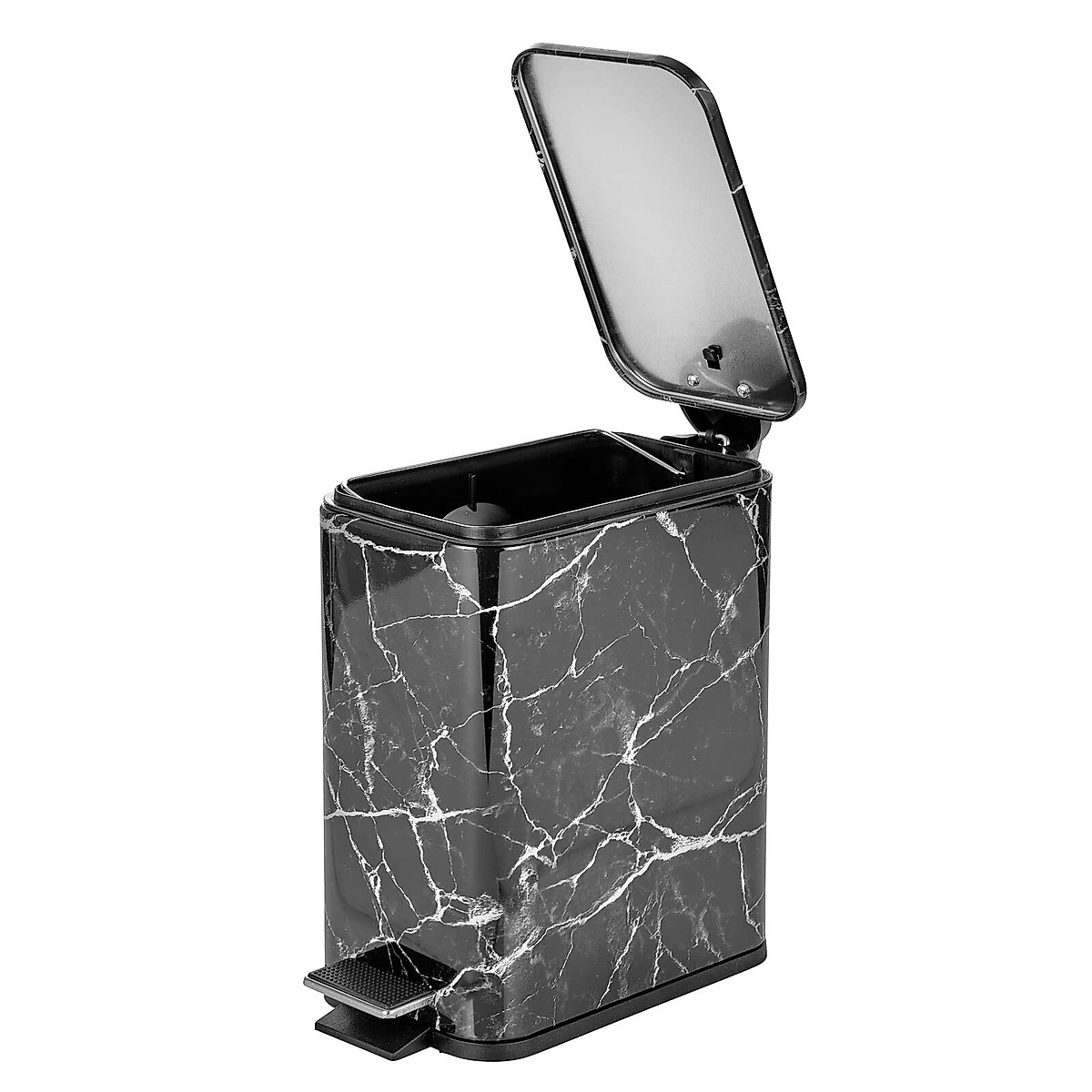 mDesign Slim Metal Rectangle 1.3 Gallon/5 Liter Trash Can with Step Pedal, Easy-Close Lid, Removable Liner - Narrow Wastebasket Garbage Container Bin for Bathroom, Bedroom, Kitchen - Black Marble