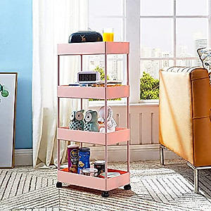4-Tier Rolling Cart Narrow Utility Cart Slide Out Storage Rack for Narrow Corner Gap Kitchen Bathroom Bedroom Laundry(Pink)