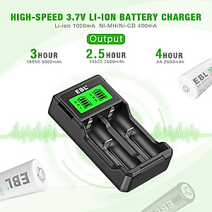 EBL Universal 18650 Battery Charger for 3.7V Lithium ion Rechargeable Batteries 26650 22650 18650 18490 18350 17670 17500 16340 (RCR123) 14500 and 1.2V Ni-MH Ni-CD Rechargeable C AA AAA Batteries