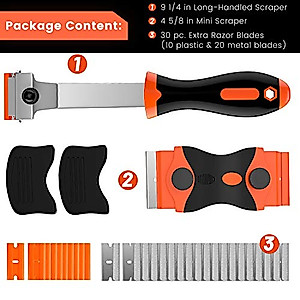 Razor Blade Scraper, 2 PCS Razor Scraper Tool for Removing Label, Registration Sticker, Tint, Grease from Windshield, Appliance, Glass (Extra 20 Metal and 10 Plastic Blades)