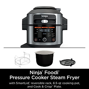 Ninja OL501 Foodi 6.5 Qt. Pressure Cooker Steam Fryer with SmartLid, 14-in-1 that Air Fries, Bakes & More, with 2-Layer Capacity & 4.6 Qt. Crisp Plate, Silver/Black (Renewed)