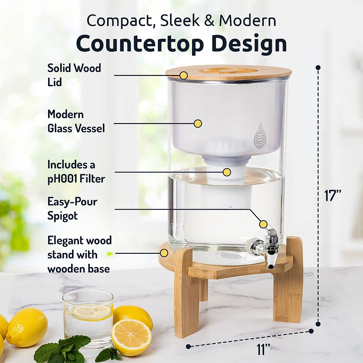 pH Recharge Glass Alkaline ountertop Water Filter Purifier – Large Alkaline Water Pitcher + PH001 3-Pack Alkaline Water Filter – Plus 1 PH002 UF Membrane Filter Bundle