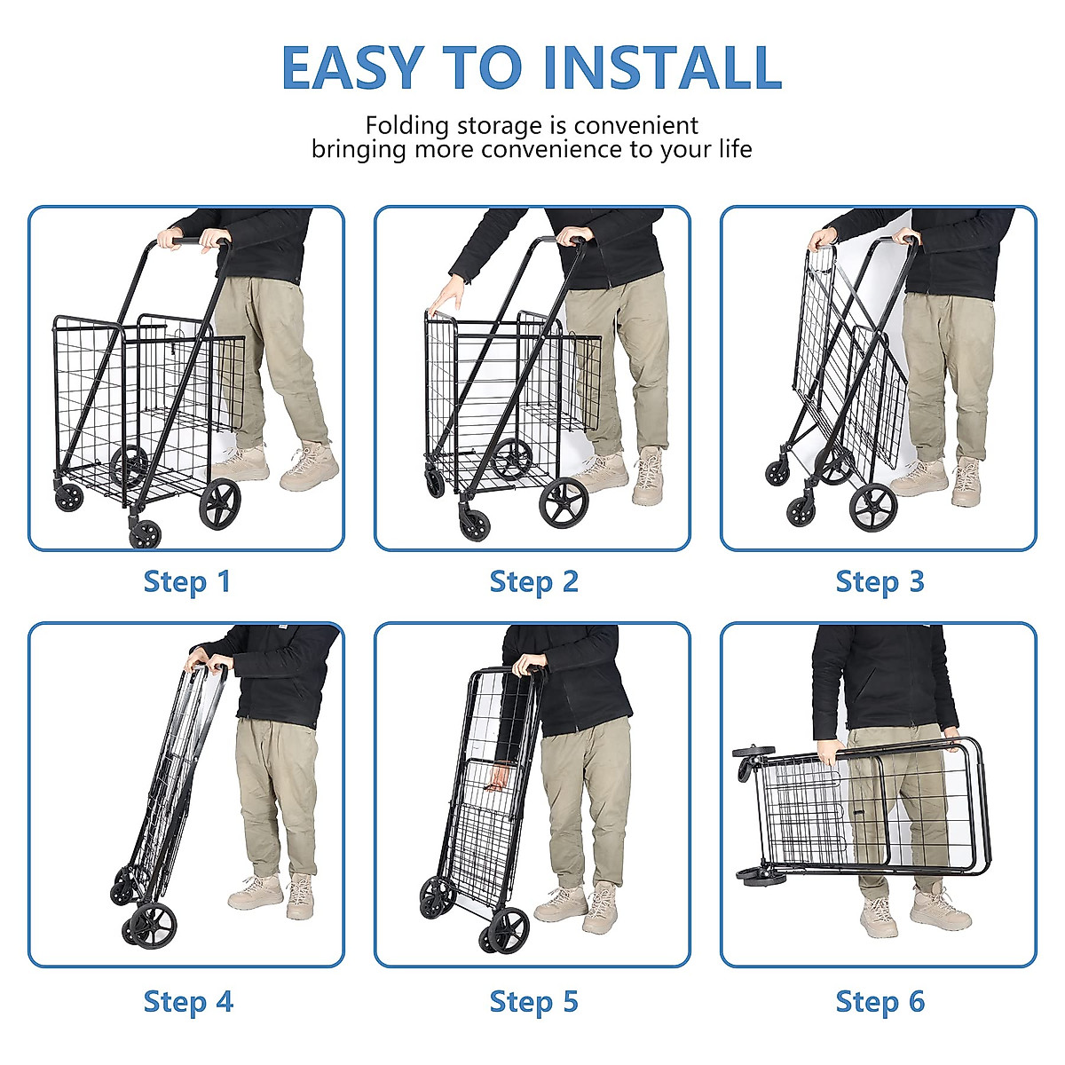 SUPER DEAL Folding Shopping Cart with Wheels and Double Basket for Groceries Laundry Book Luggage Travel, Black