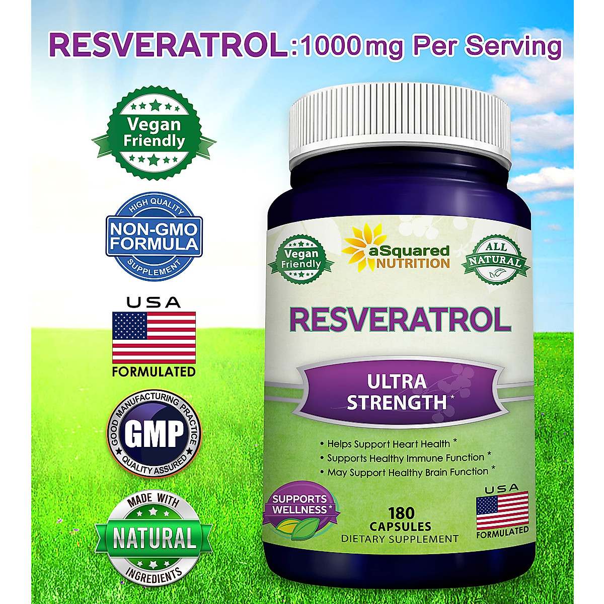 100% Natural Resveratrol - 1000mg Per Serving Max Strength (180 Capsules) Antioxidant Supplement, Trans-Resveratrol Pills for Heart Health & Pure, Polyphenols