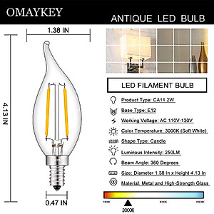 OMAYKEY 2W LED Candelabra Bulb 25W Equivalent 3000K Soft White 250LM, E12 Base LED Chandelier Light Bulbs, Vintage Edison Clear Glass CA11 Candle Flame Tip, Non-dimmable, Pack of 10