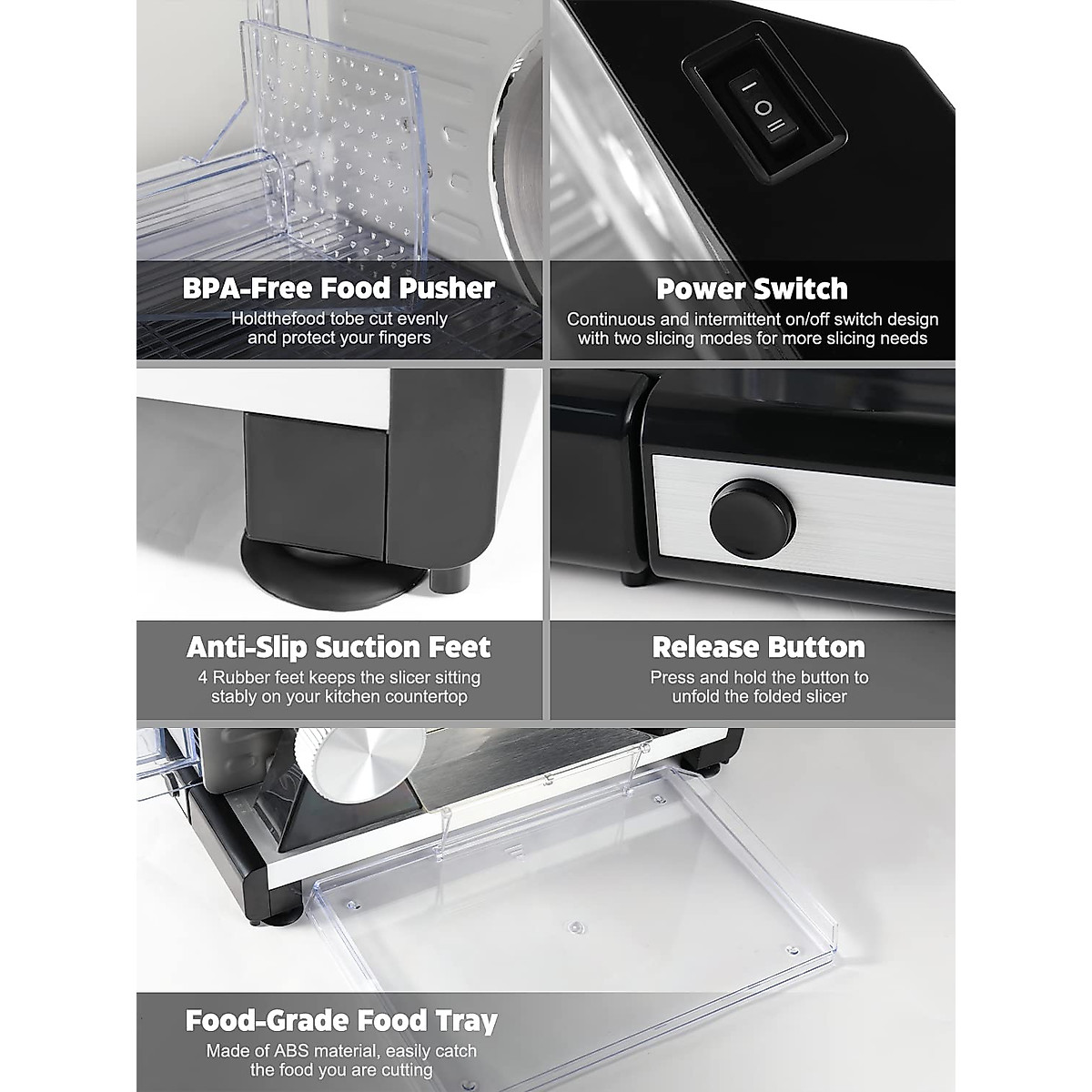 OSTBA APPLIANCE OSTBA Foldable Meat Slicer, Electric Deli Food Slicer with Food Tray, 0-18mm Adjustable Thickness Meat Slicer, Portable Collapsible Food Slicer with Stainless Steel Blades, Black