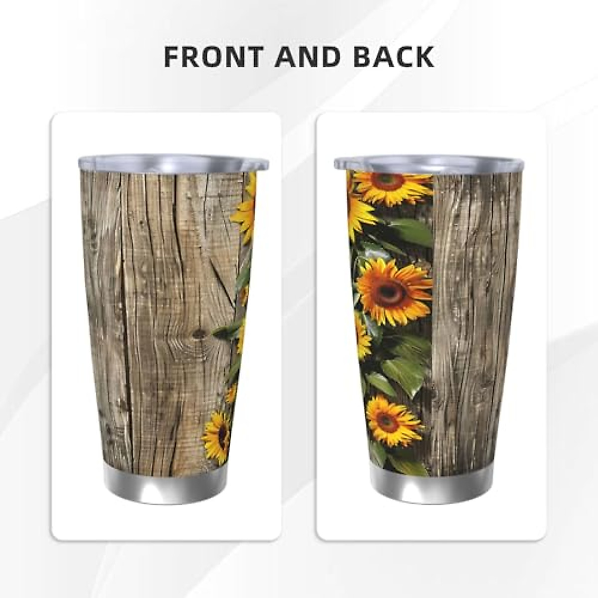 AYCZN Rustic Wooden Board 20 OZ Tumbler Stainless Steel Travel Coffee Mug, Vintage Sunflower Insulated Water Bottle with Lid and Straws Leakproof Thermal Cup