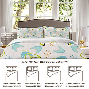 Shrahala Retro Modern Stars Duvet Cover Set King Size, Atomic Boomerang Midcentury Dots Stripes 3 Pieces Soft Brushed Duvet Covers with Button Closure, 100% Cotton (No Comforter)