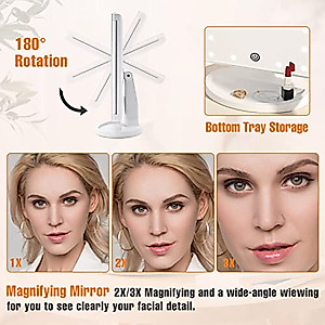 FASCINATE Trifold Vanity Mirror with Lights, Lighted Makeup Mirror 2X/3X Magnification, 21 LED Touch Dimming, Dual Power 90° Rotation Lit Beauty Table Mirror, Make up Mirror with Lighting (White)