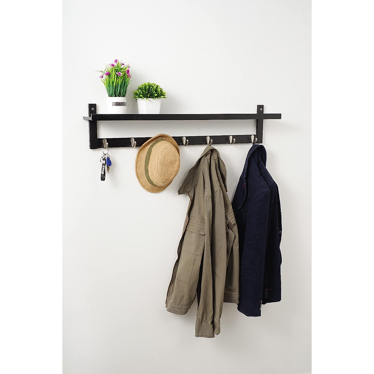 YourWoodStore Wall Mounted Coat Rack with Shelf, Floating Shelf, Black, Wooden, 7 Alloy Hooks, 35 Inch, Supports Conventional Stud Spacing(32Inch), Entryway Organizer, Key Holder