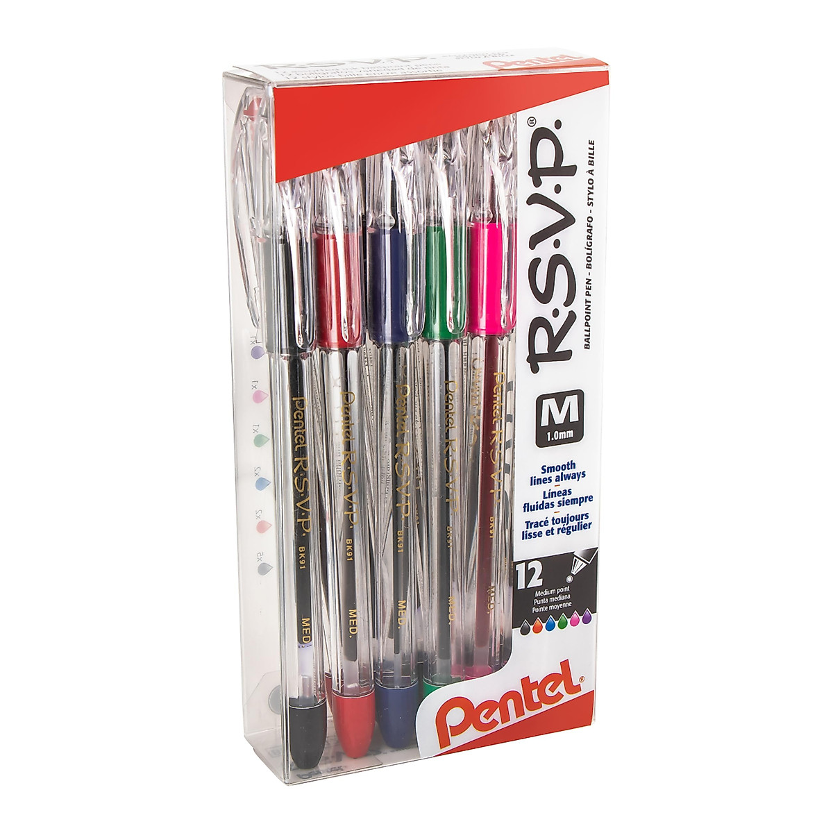 Pentel RSVP Ballpoint Pen, (1.0mm), Medium Line, Mixed Colors, 12 Pack (BK91PC12M)