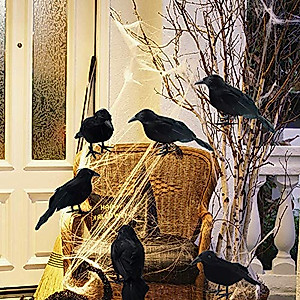 Realistic Crow, 6 PCS Halloween Black Feathered Crow Decoys Ravens Outdoor Halloween Decorations Props Décor, Standing Flying Birds for Tree Haunted House Graveyard Tombstone Display