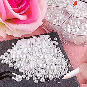 Nail Art Flat Back Half Round Pearl Kits 3, 1 Box of 5600 Pcs Flat-Back White Pearl with Tweezer and Picker Pencil for Home DIY Nails Body Face Craft and Salon Use