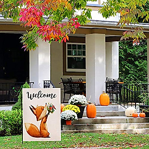 Welcome Garden Flag Cute Little Fox with Floral Bouqet Double Sided Decorative Small Yard Decor Flags 12 X 18 Inch