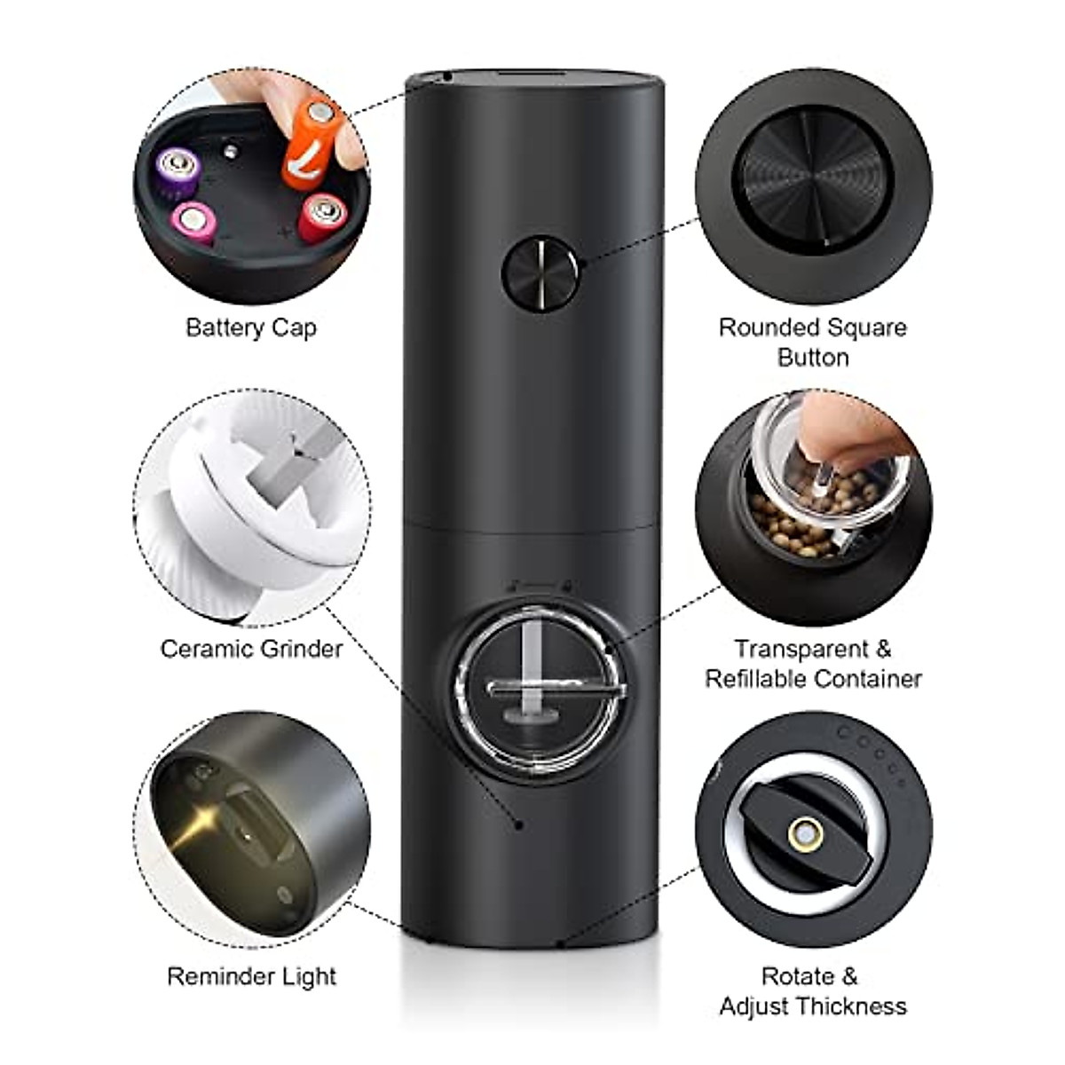 COKUNST Electric Pepper and Salt Grinder Set, Battery Powered Adjustable 5 Levels of Coarseness Black Pepper Grinder Mill with Stand, Automatic Grinding with LED Light for BBQ Resturant Kitchen