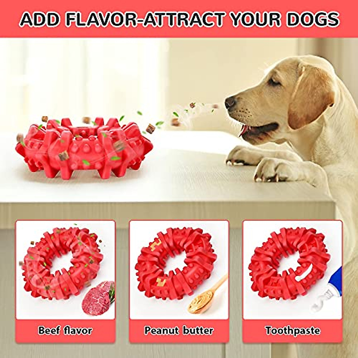 Dog Balls Treat Dispensing Dog Toys for Aggressive Chewers Large Breed, Nearly Indestructible Squeaky Dog Chew Toys for Large Dogs, Natural Rubber Dog Puzzle Toys (RING-Red, For Larege Dogs)