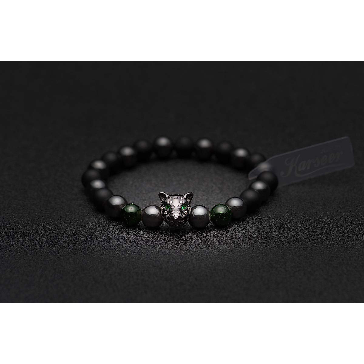 Karseer Black Panther Magnetic Hematite and Matte Onyx Natural Stones Beaded Stretch Bracelet Energy Crystal Meditation Prayer Stress Relief Beads Bracelet for Men Women