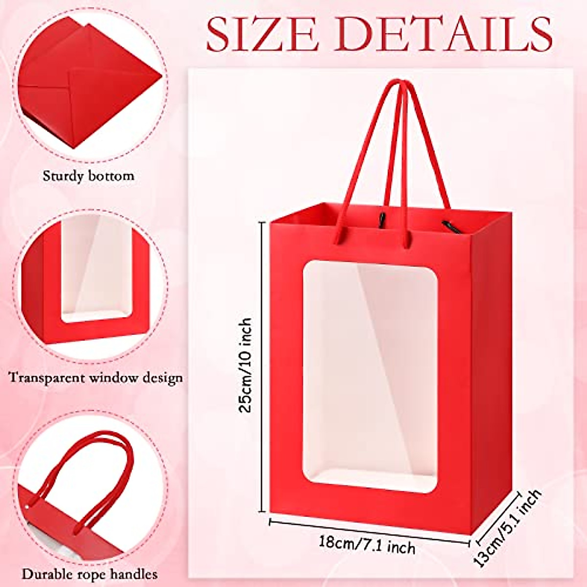 50 Pcs Paper Gift Bags with Transparent Window Clear Gift Bags Empty Gift Basket Flower Bag with Handles for Wedding Bridal Shower Thanksgiving Present Festival Party (Red, 10 x 7.1 x 5.1 Inch)