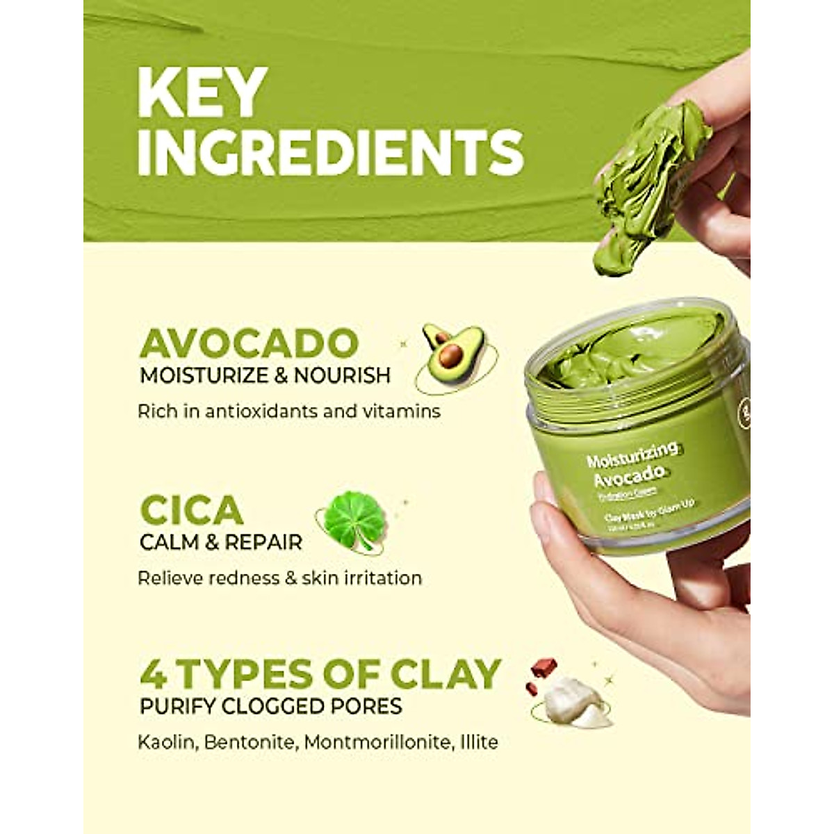 Glam Up Moisturizing Avocado Clay Mask | Vegan Clay Mask, Hydrating Avocado Face Mask for Dry Skin and Sensitive Skin, Gentle Exfoliating Deep Pore Cleansing Clay Face Mask, Blackhead remover - (125ml/4.23 Oz)