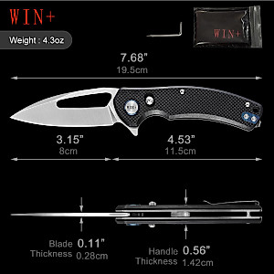 WIN+ Pocket Knife, Folding Knife with Button Lock and Axis Lock, Tactical Knife with Ball Bearing and Thumb Hole for Men and Women, Good for Camping and Outdoor 3444 (Black-G10)