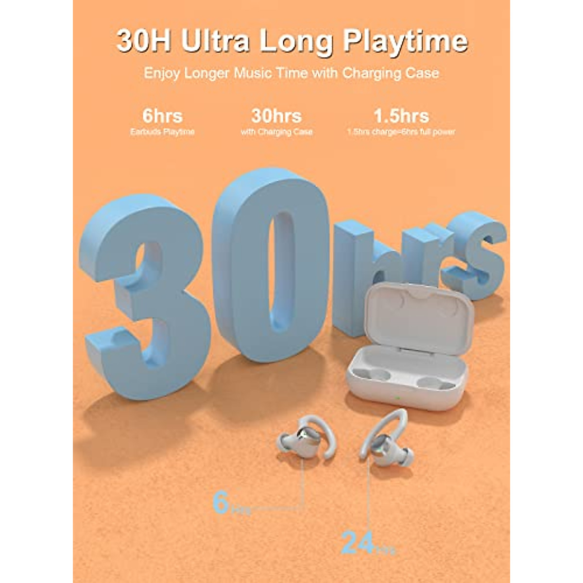 Coucur Wireless Earbuds 5.1 Bluetooth Headphones Sport with Two Detachable Earhooks in Ear Wireless Earphones Noise Cancelling Touch Control, 30H Playtime Deep Bass IP7 Waterproof Headset