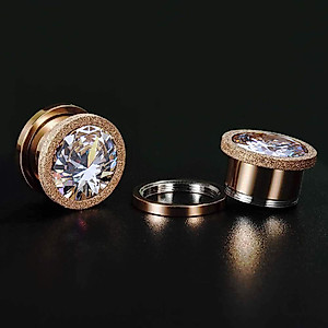 ZS Rose Gold Stainless Steel Screw Big Cubic Zirconia Ear Gauges Plugs Tunnels Expander Body Piercing (Gauge=00g(10mm))