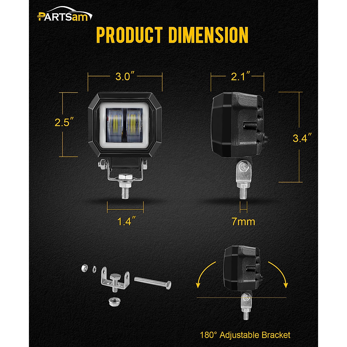 Partsam 3 Inch White Pods Light With DRL 2 Modes 16W Waterproof Cubes Offroad Work Cree LED Pods Spot Flood Ditch Fog Lights for Pickup Truck SUV ATV UTV Boat Forklift 4x4 Motorcycle, Pack of 2