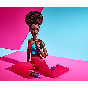 Barbie Looks Doll with Natural Black Hair in Color Block Crop Top & Raspberry Flare Pants, Posable Made to Move Body For 6 years and older