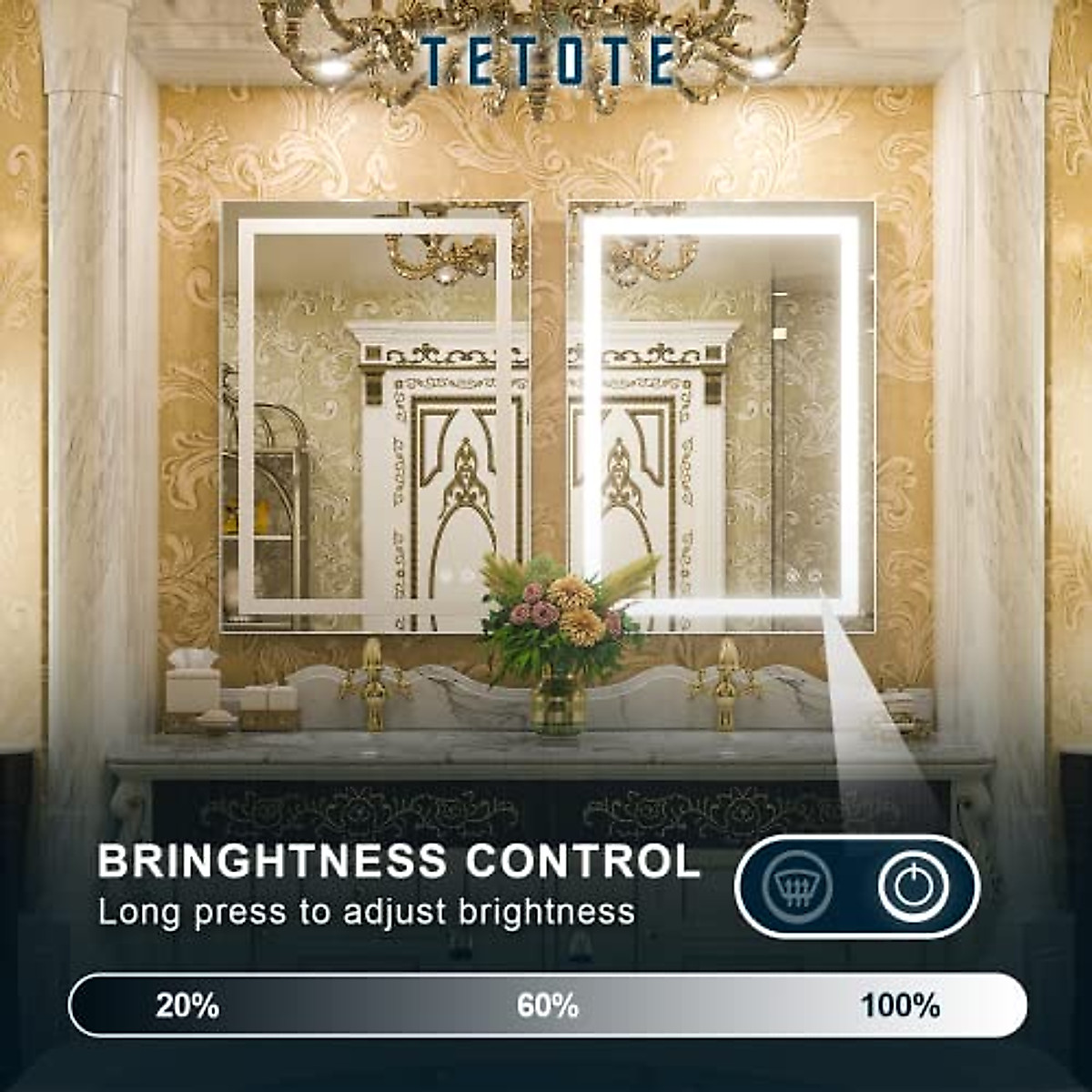 TETOTE 20 x 28 LED Bathroom Mirror with Lights White/Warm/Natural,Dimmable,CRI90,IP54 Waterproof,Wall Mounted,Anti-Fog,Vanity Mirror(Horizontal/Vertical)