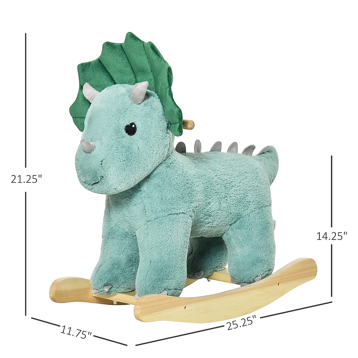 Qaba Kids Plush Ride-On Rocking Horse Triceratops-Shaped Plush Toy Rocker with Realistic Sounds for Child 36-72 Months Dark Green