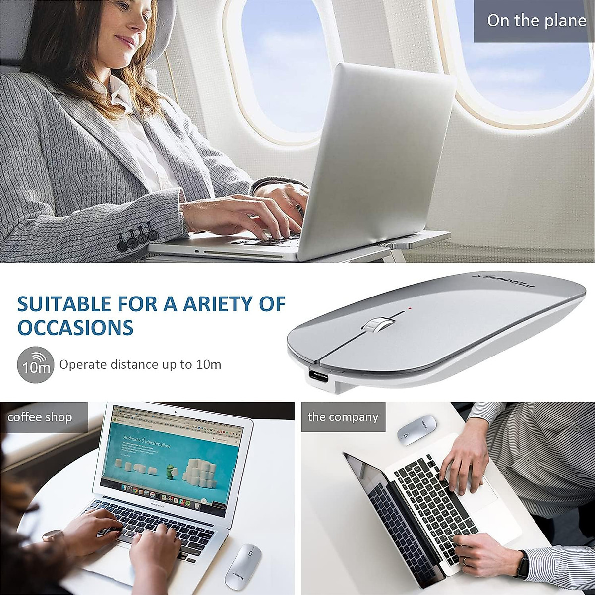 FENIFOX Bluetooth Mouse, Slim Mini Portable Flat Travel Wireless Mouse Rechargeable Quiet Ultra-Thin Mice Compatible with Laptop,Tablet,Notebook,PC (Silver and White)