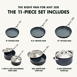 GreenPan Paris Pro Hard Anodized Healthy Ceramic Nonstick, 11 Piece Cookware Pots and Pans Set with Stainless Steel Lids, PFAS-Free, Dishwasher Safe, Grey
