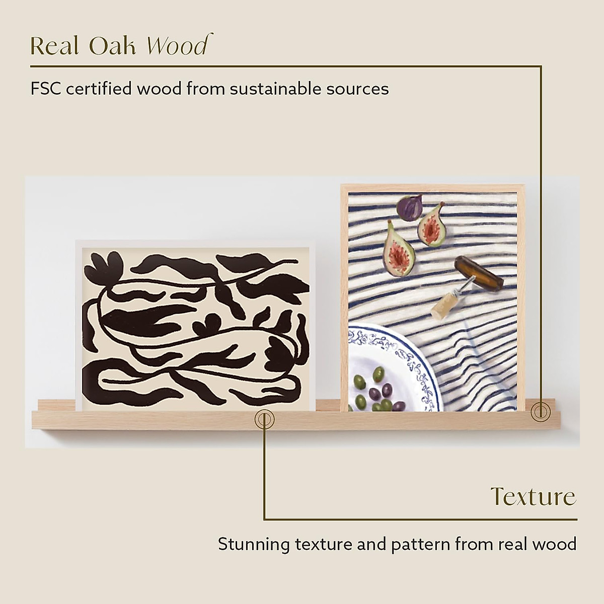 (24 in | 61 cm) Natural Oak Wood Wall Mounted Floating Picture Ledge Shelf | Ideal for Bedroom, Kitchen, Bathroom, Office, Easy Installation, Mounting Hardware Included