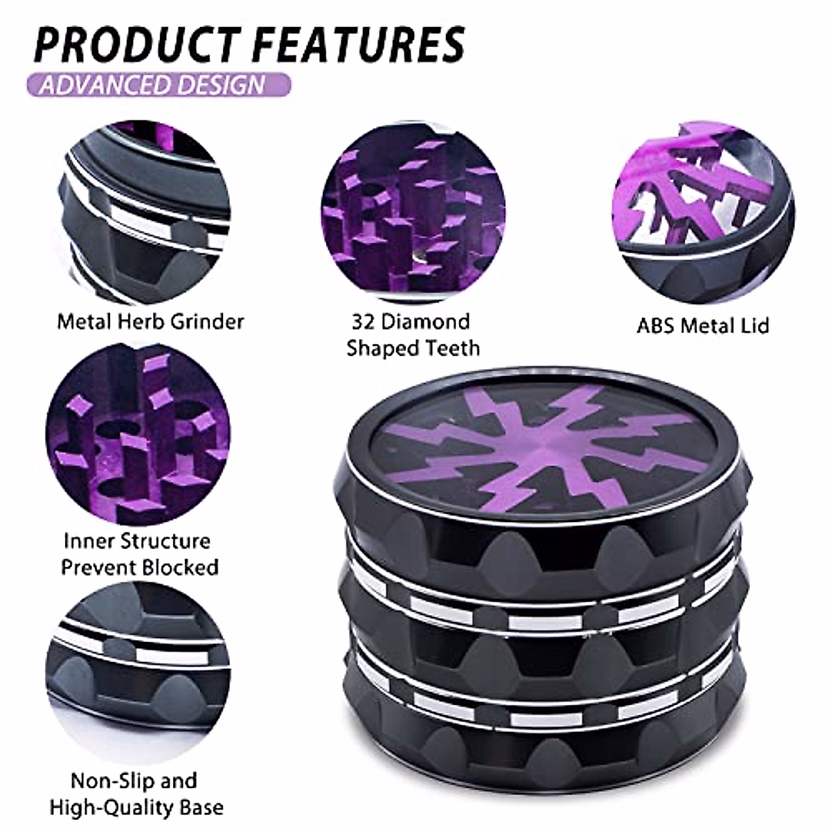 Grinder, 2.5 Inch Spice Grinder, Aluminium Alloy Manual Grinder (Black+Purple)