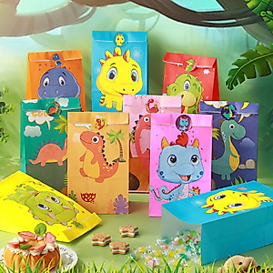 Containlol 30 Pack Dinosaur Party Gift Bags Little Dinosaur Goodie Candy Treat Bag with Matching Stickers Halloween Christmas Party Favor Bags for Kids Dinosaur Themed Birthday Baby Shower(Big Head)