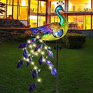 DREAMSOUL Solar Garden Lights Outdoor, Metal Peacock Decor Solar Lights Garden Stakes with Led String Lights, Waterproof Crackle Glass Ball Landscape Path Light for Lawn Patio Yard Garden Decorations