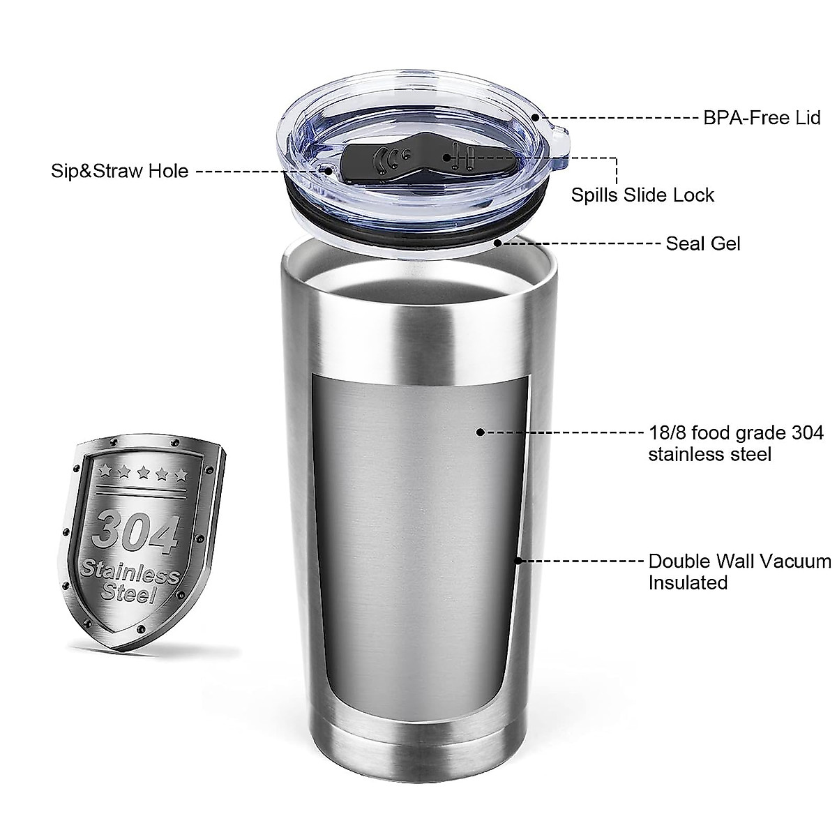 MEZMUT 20oz Insulated Tumblers with Lids and Straws Stainless Steel Coffee Tumbler Cup Double Wall Vacuum Travel Coffee Mugs for Home, Office, Outdoor(Silver,1 Pack)