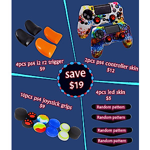 Silicone Skin for Ps4 Controller, 2pcs Anti-Slip Shell Cover Case with 10 Joystick Grips, 2 Pairs L2 R2, 4pcs Led Light Bar Skin for Playsation 4/ Slim/Pro Dualshock 4 Controller Wireless Gamepad