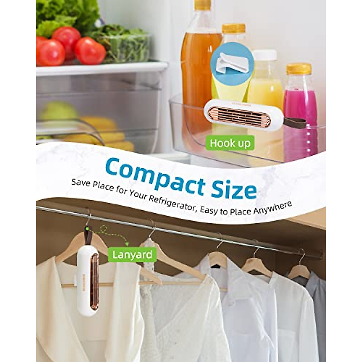 SEANCHEER Fridge Deodorizer, Mini USB-C Rechargeable Reusable Refrigerator Deodorizer, Refrigerator Odor Eliminator with Hook Lanyard for Fridge Wardrobe Shoes Cabinet