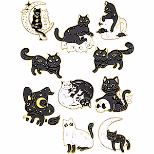 10 Pieces Cat Pins Cute Brooch Pin Set Kawaii Cat Backpack Pin Black Cat Book Brooch Gothic Aesthetic Cat Buttons for Backpacks Clothing Bags Lapel Jackets for Women Men DIY Presents