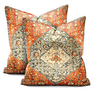 PENUFILO Boho Throw Pillow Covers 18x18 Inch, Set of 2 Orange Bohemian Throw Pillows Colorful Decorative Couch Pillow Covers, Floral Pattern Decorative Pillow Covers, Boho Pillow Covers for Bed Couch