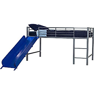 DHP Junior Twin Metal Loft Bed with Slide, Multifunctional Design, Silver with Blue Slide