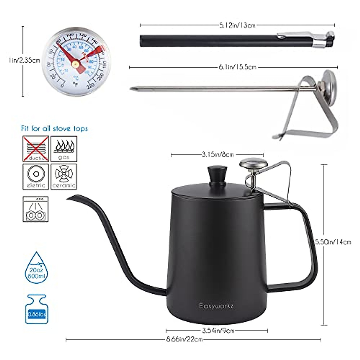 Easyworkz Gage Gooseneck Pour Over Coffee Kettle 20 oz with Thermometer Stainless Steel Hand Drip Coffee Pot With Long Narrow Spout