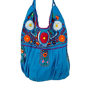 Leos Imports (TM) Hand Embroidered Puebla Mexican Tote Bag (Aqua Multi)