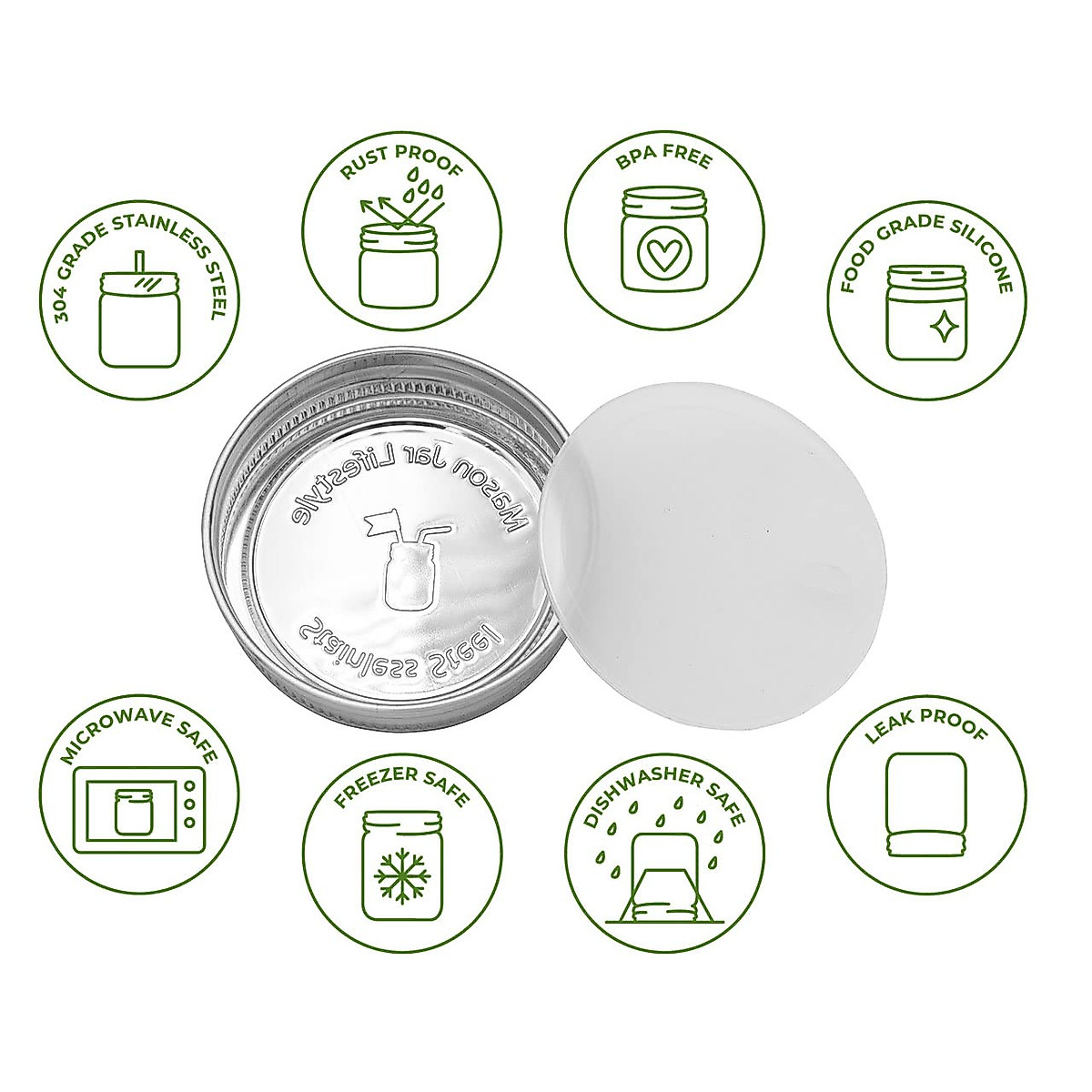 Mason Jar Lifestyle 5 Pack Stainless Steel Storage Lids with Platinum Silicone Liners for Wide Mouth Jars – Heavy Duty Caps for Mason Jars – Airtight & Leak-Proof Design