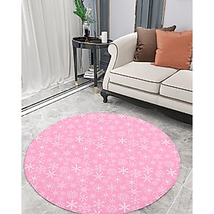 Pink Christmas Fluffy Round Area Rug Carpets 4ft, Plush Shaggy Carpet Soft Circular Rugs, Non-Slip Fuzzy Accent Floor Mat for Living Room Bedroom Nursery Home Decor Winter Fantasy Snowflake