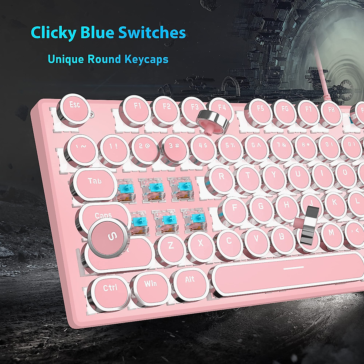 Typewriter Style Mechanical Gaming Keyboard, Pink Punk Gaming Keyboard with White Backlit, 104 Keys Blue Switch Wired Cute Keyboard, Round Keycaps for Windows/Mac/PC
