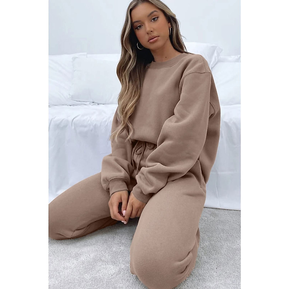 Alunzoem Tracksuit for Women Set Sweat Suit 2 Piece Pullover Solid Sweatshirt Long Pants Outfits Lounge Set Khaki M